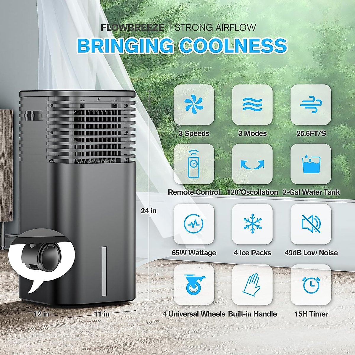 Windowless Portable Air Conditioner, 15H Timer & 120°Oscillation, 3-IN-1 Portable AC Unit with Remote, 2-Gal Tank, 3 Modes & 3 Speeds, Ultra-Quiet 24" Ventless Swamp Cooler for Room Home Office