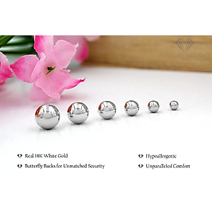 14K White Gold Round Ball Studs 4mm, Polished Smooth Earrings for Women, Butterfly Backing, Giorgio Bergamo (4mm)
