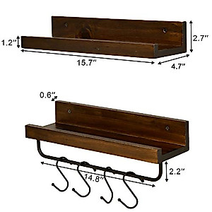 WELLAND Dayton Floating Shelves Set of 2 Wood Picture Ledge Wall Mounted Storage Shelf with Hooks for Kitchen, Bathroom