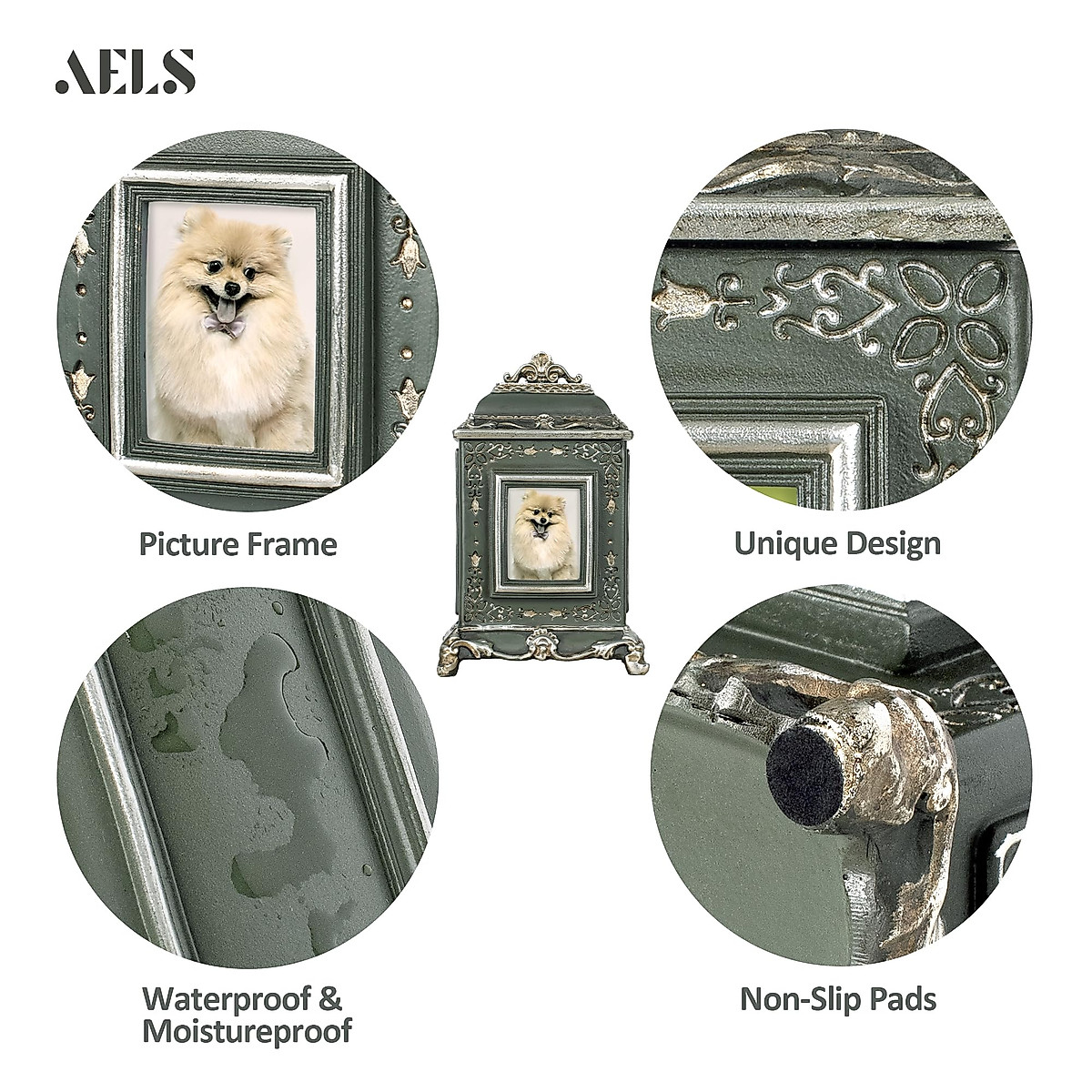 AELS Pet Urn Memory Box for Keepsakes with Photo Slot, Dog Memorial Urns for Ashes, Cat or Dog Cremation Urns, Dark Green