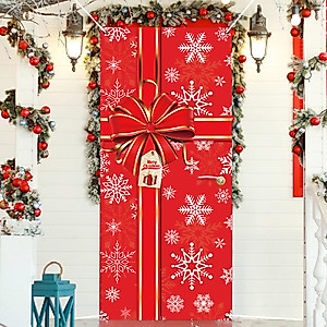 Christmas Door banner Christmas Snowflake Photography Backdrop Christmas Bowknot Gift Box Door Hanging Banner Sign Merry Christmas Decoration for Home Wall Outdoor Indoor Party Holiday Xmas Eve…