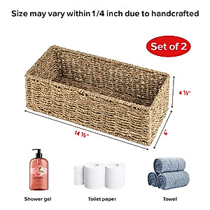 OEHID Small Wicker Baskets 2 Pack, Hand Woven Toilet Basket Tank Topper, Toilet Tank Basket for Bathroom Organizing, Seagrass Storage Baskets for Toilet Paper (14.4"Lx6.1"Wx4.4"H)