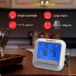 TempPro G17 Meat Thermometer for Oven Cooking Smoker Grilling Kitchen BBQ Dual Probe Digital Grill Thermometer with Large LCD Backlight Timer Mode