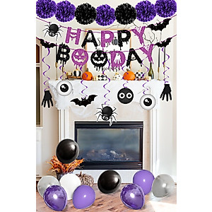 Halloween Birthday Party Decorations Balloon Banner Paper Pompom Cake Topper Hanging Swirl for Halloween Happy Boo Day Party Supplies