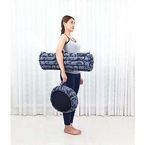 Leewadee Meditation Cushion Set – 1 Round Zafu Meditation Pillow and 1 Square Roll-Up Zabuton Meditation Mat, Pillows Bundle Filled with Eco-Friendly Kapok, Blue White