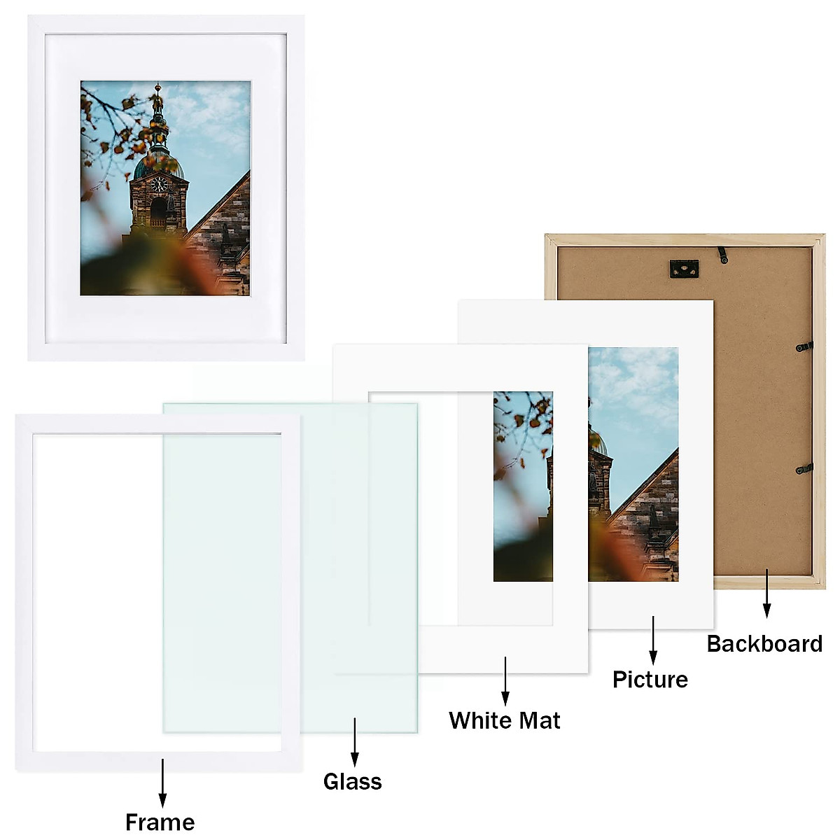 11x14 Real Wood Photo Frame - White Color - Mat for 8x10 Picture Included - Wall Mounting - Portrait/Landscape - Real Glass Panel - Classic Simple Design - Perfect for Group Shots, Family Photographs