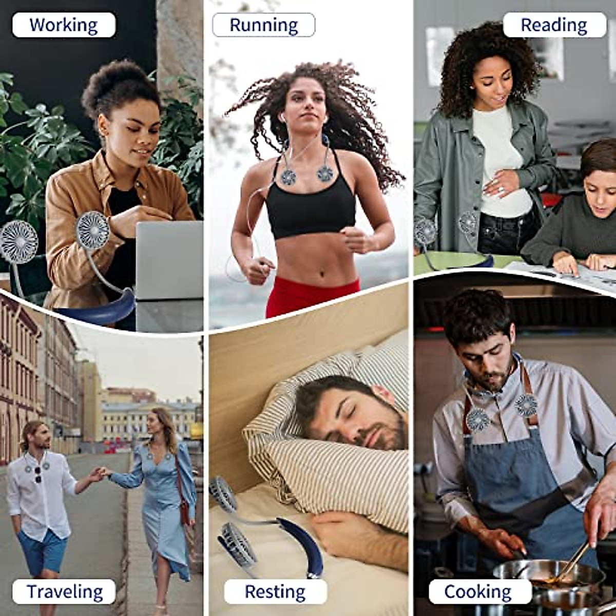 HUIQIMEI Portable Neck Fan Rechargeable Cooling Neck Fan Detachable Electric Personal Fans Independent Switch Control Long Battery Life for Travel Office Household Outdoor Sports (Blue)