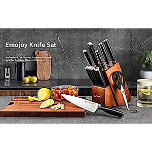 Knife Set, Emojoy 15 Piece Kitchen Knife Set with Block Wooden, German Stainless Steel Sharp Chef Knife Set with Sharpener, Dishwasher Safe and Rust Proof (Black)