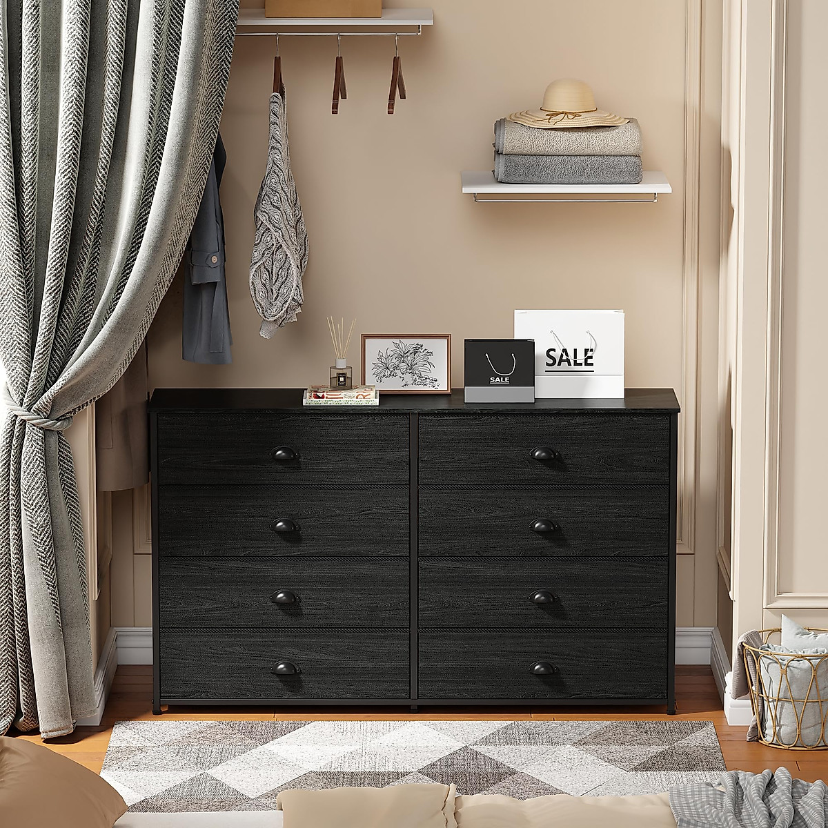 Furnulem Wide Dresser with 8 Fabric Drawers, TV Entertainment Center with Storage for 55'' TV, Large Chest of Drawers for Bedroom, Living Room, Dorm, Closet, Entryway, Wood Top (Black Oak)
