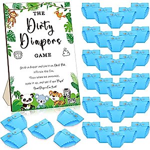 BBTO 51 Pcs Dirty Diaper Wooden Game Sign Baby Shower Game Sign Dirty Diaper Instruction Sign 50 Pcs Mini Diapers Cute Felt Diaper for Game Gender Neutral Party Baby Shower Game (Animal)