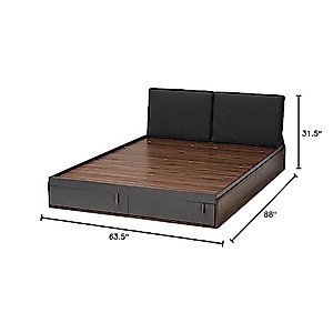 Baxton Studio Rikke Modern and Contemporary Two-Tone Gray and Walnut Finished Wood Queen Size Platform Storage Bed with Gray Fabric Upholstered Headboard