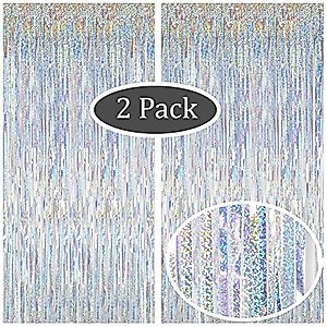 Moohome 2 Pack 3.28 ft x 9.84 ft Metallic Sparkle Silver Fringe Curtains Tinsel Foil Curtains for Party Backdrop Photo Booth Backdrop Door Window Streamer Curtain Party Wedding Background Decor