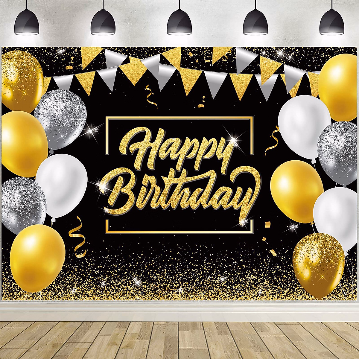 5x3ft Happy Birthday Backdrop Yellow Silver Balloon Banner Decorations for Large Family Gathering Yard Sign Backgroud for Men Women Boys Girls Party Indoor Outdoor Poster Decor Supplies