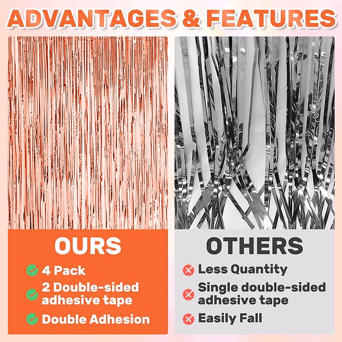 4-Pack Backdrop for Party Decorations, Foil Fringe Backdrop Curtains, Tinsel Streamers for Birthday Party Decorations, Rose Gold Tinsel Curtain for Graduation Mermaid Baby Shower New Year Prom Parties