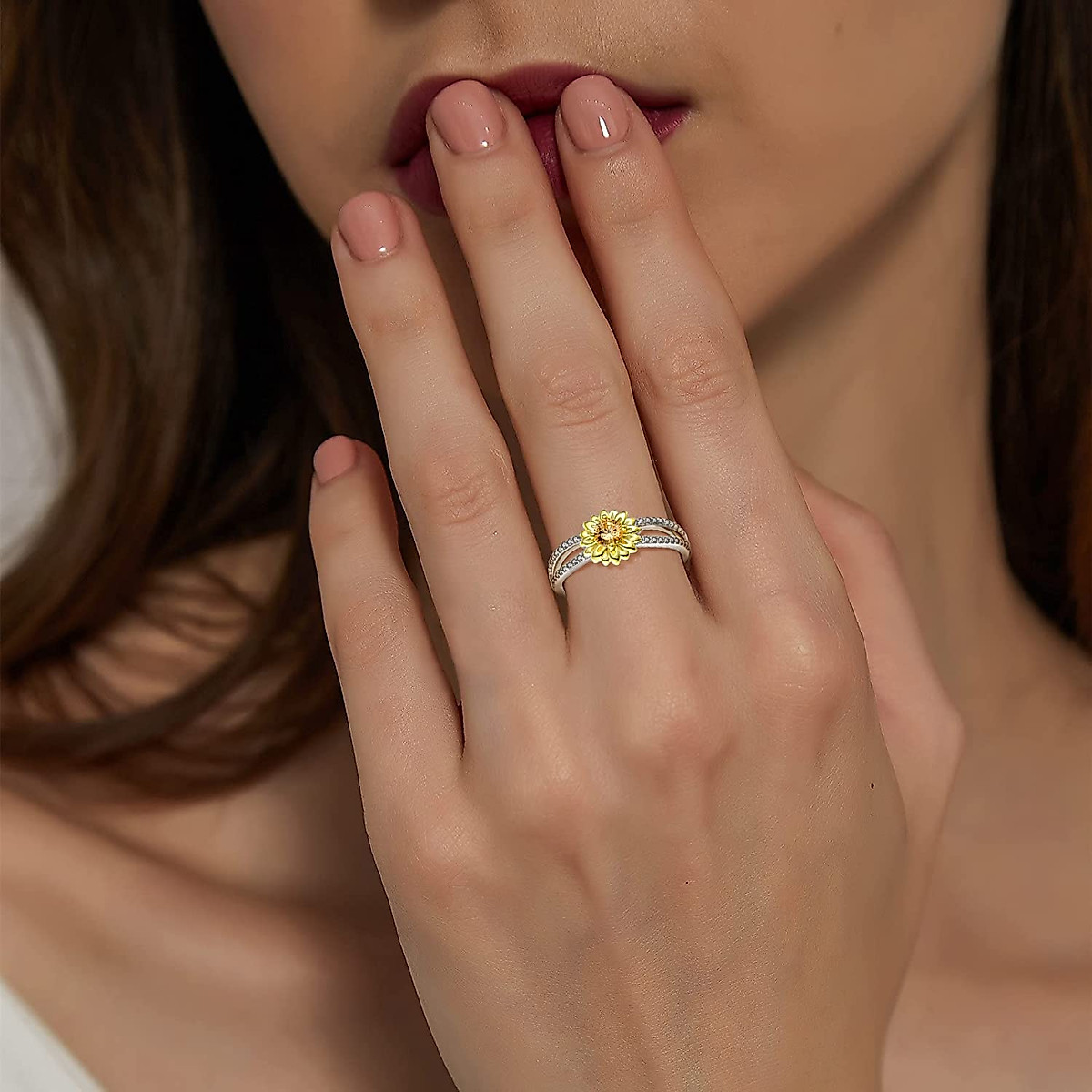 STARCHENIE Sterling Silver You are My Sunshine Sunflower Statement Ring with Cubic Zirconial Band Rings for Women Size8