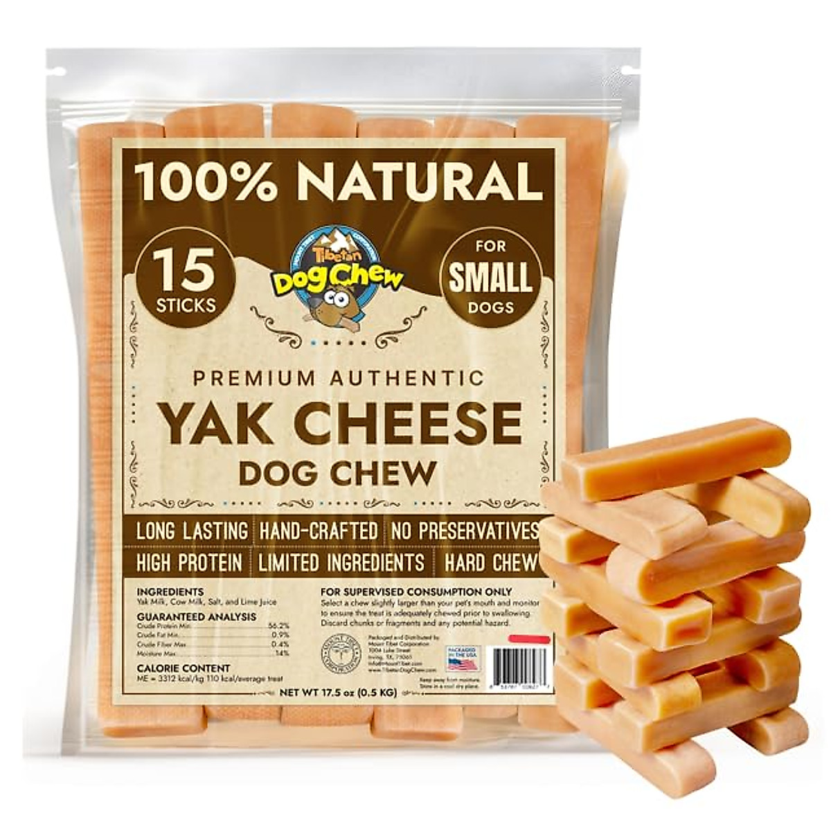 Tibetan Dog Chew Yak Cheese Sticks - Natural Treats for Small to Large Dogs, Lasting, Digestible, Promotes Dental Health, Rawhide and Grain-Free, Ideal for Aggressive Chewers, 15-Pack