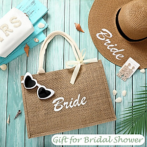 Silkfly 6 Pcs Bridal Shower Gifts Set Summer Bachelorette Party Accessories Bride Beach Bag Sun Hat Heart Sunglasses Rhinestone Bride Earrings MRS Cosmetic Bag for Beach Bride Wifey Wedding Gifts