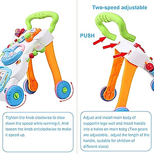 2 in 1 Sit to Stand Baby Walker with Music and Light, Toddler Push Toys for Learning to Walk, with Removable Drawing Board, Music Piano, Mini Phone for 6 Months Up Baby Boys Girls