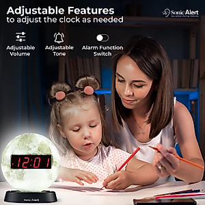 Sonic Alert Moon Alarm Clock Nightlight | Soft Ambient Light for Children in The Dark | Recordable Alarm Clock for Heavy Sleepers | Built-in Speake, Aux Connection