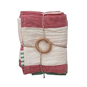 Creative Co-Op 28' L x 18' W Cotton Printed Tea Towels w/Stripes & Jute & Wood Bead Tie, Multi Color, Set of 2