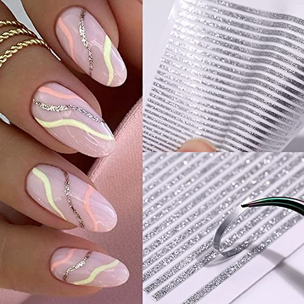 Line Nail Art Stickers Decals 3D Holographic Line Nail Stickers 6Pcs Rose Gold Silver Metal Stripe Nail Decals Geometric Stripe Line Curve Adhesive Nails Art Supplies Sliders for Women Manicure Decor