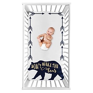 Sweet Jojo Designs Woodland Forest Bear Boy Fitted Crib Sheet Baby or Toddler Bed Nursery Photo Op - Navy Blue and Gold Arrow Big Bear Collection
