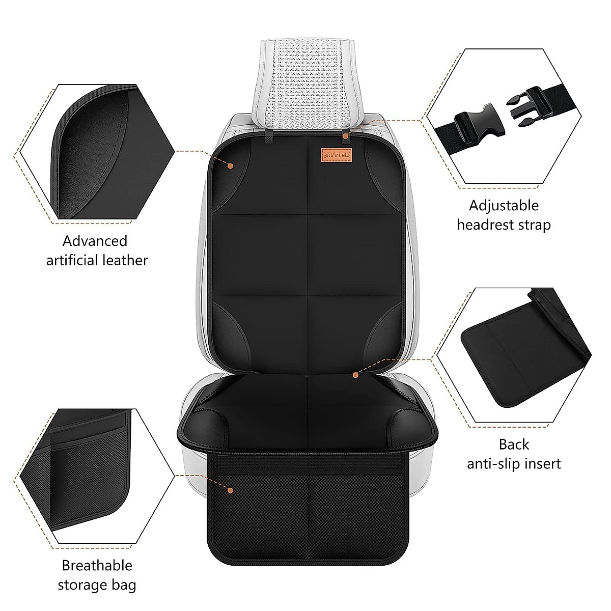Car Seat Protector, [1 Pack] Large Auto Car Seat Protectors for Child Seats with Thickest Padding and Non-Slip Backing Mesh Pockets for SUV, Sedan, Truck, Leather and Fabric Car Seat - Black