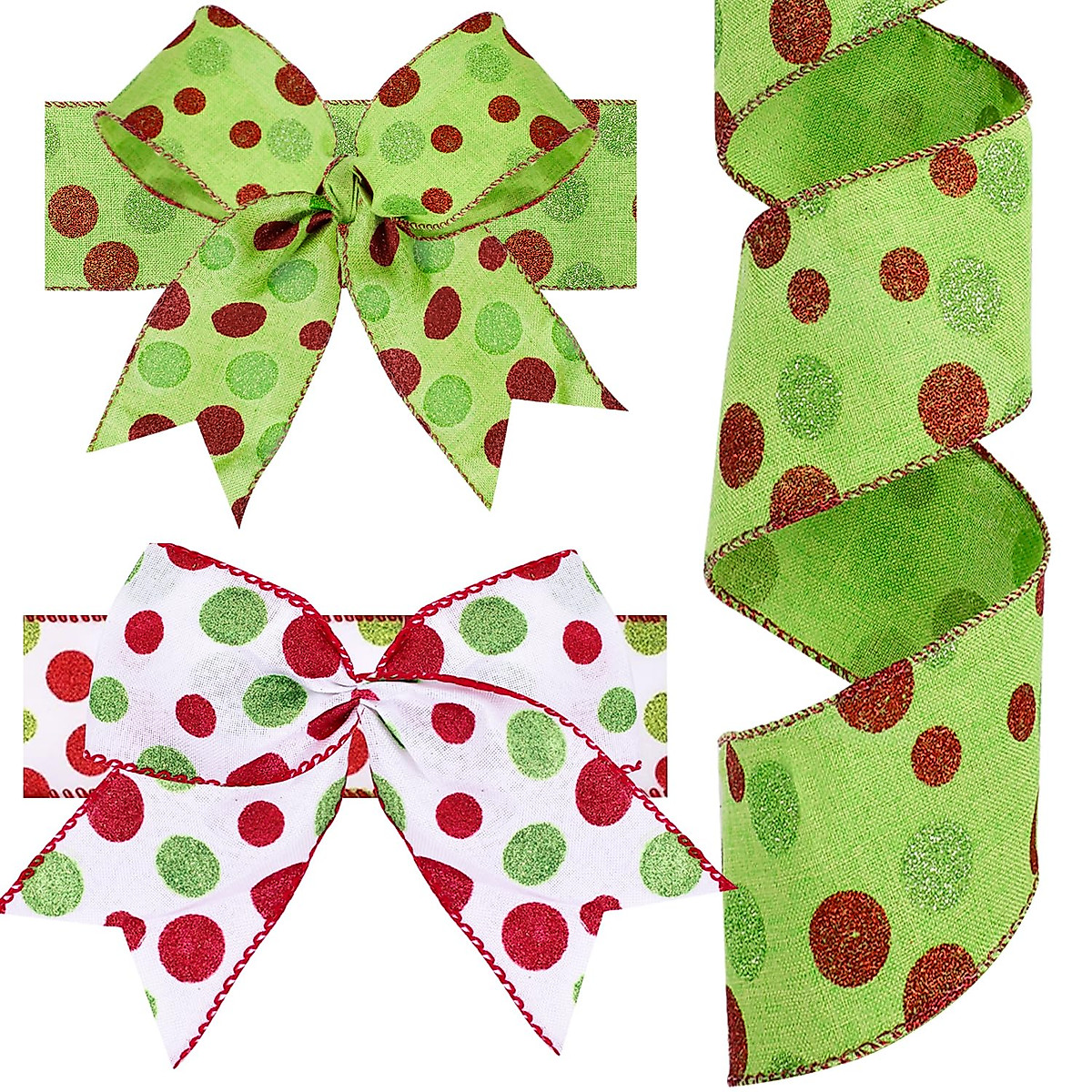 4 Rolls Christmas Ribbons Polka Dot Ribbon Wired Glitter Christmas Wired Ribbons Burlap Decorative Grinch Ribbons for DIY Craft Wreath Bows (Green, Red, 2.5 Inch x 6 Yard Per Roll)