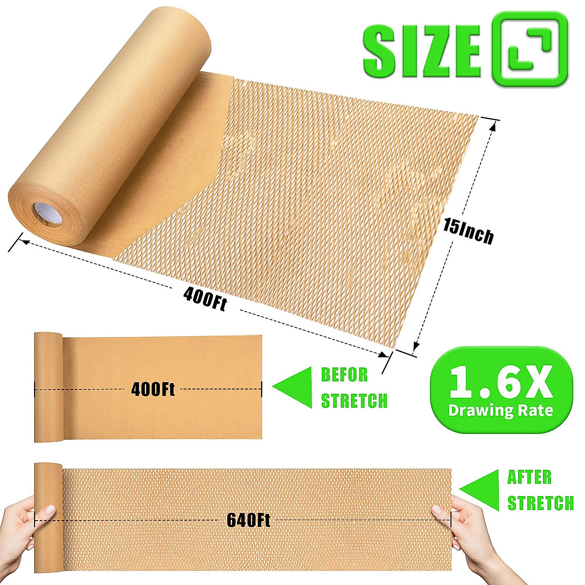 Honeycomb Packing Paper, MINHAO 15"x400' Eco Friendly Packing Paper for Moving Recyclable Honeycomb Paper Moving Supplies Bubble Paper Wrapping Protective Roll, With 36 Fragile Sticker Labels