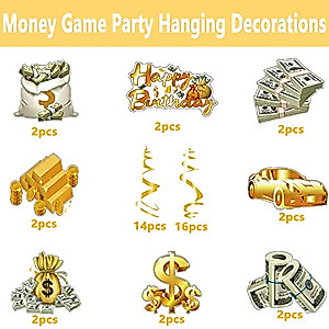 UOMNICUE Money Party Decorations 30PCS Gold Money Theme Hanging Swirls Happy Birthday Money Bag Money Theme Birthday Party Decorations for Adults Bachelorette Retirement Anniversary Graduations Party