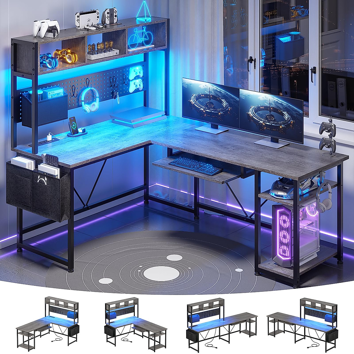 Itaar L Shaped Desk, 57.5 Inch Office Desk with Power Outlet and Keyboard Tray, Gaming Desk with Storage Shelves, Pegboard, and LED Lights for Home Office and Gaming, Gray