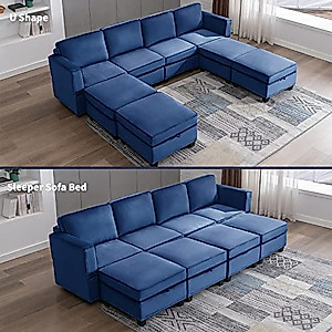 ZAFLY Sectional Sofa, 4 Seat Modular Comfy Couch with 4 Storage Ottomans, Convertible L Shaped U Shaped Couch Queen Sleeper Sofa with Adjustable Backrest Couches for Living Room(Blue)