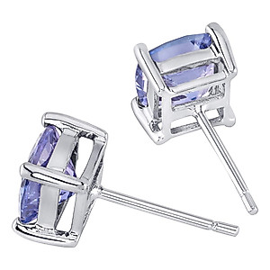 Peora 14K White Gold Tanzanite Stud Earrings for Women, Genuine Gemstone, Hypoallergenic, AAA Grade, Cushion Cut 6mm, 2 Carats total, Friction Back, Tanzanite Gold Earrings, Dainty Earrings Studs