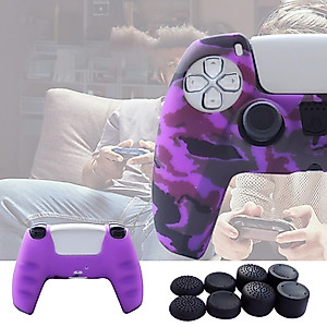 PS5 Controller Skin-Hikfly Silicone Cover for PS5 Controller Grips,Non-Slip Cover for PlayStation 5 Controller- 2 x Skin with 8 x Thumb Grip Caps(Purple,Grey)
