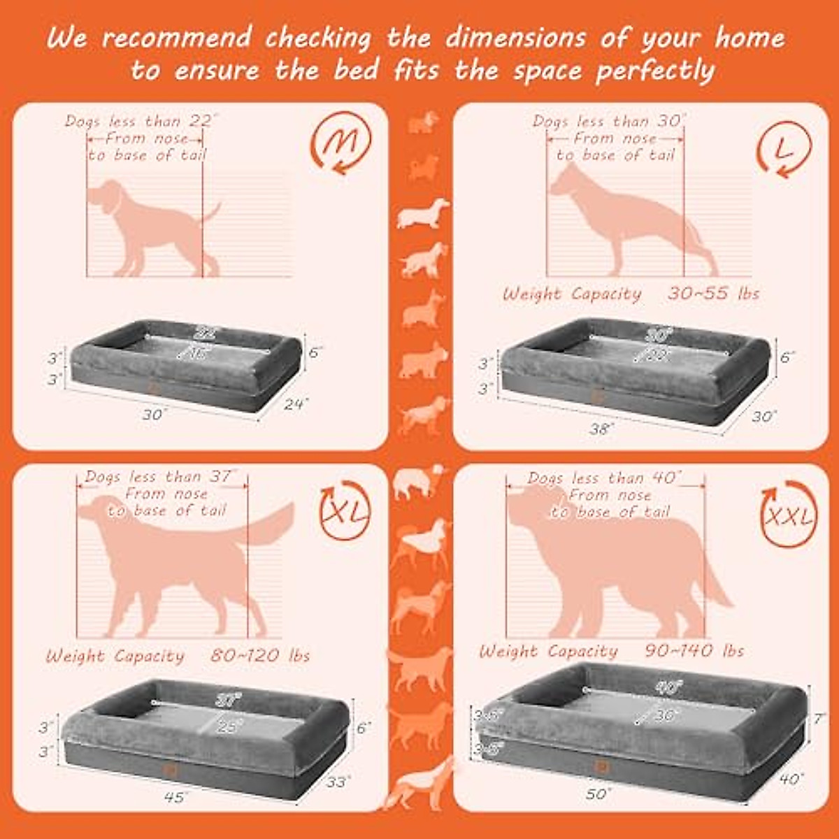 EHEYCIGA Memory Foam Orthopedic Dog Beds for Medium Dogs with 100% Foam Bolsters, Dark Grey, 30x24