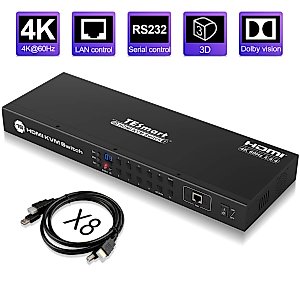 TESmart 16x1 HDMI KVM Switch 16 Port Enterprise Grade Support 4K 60Hz Ultra HD Console Rack Mount Switcher with 8 Pcs 5ft KVM Cable,USB 2.0 Device Control up to 16 PCs/Servers,RS232,LAN Port Control