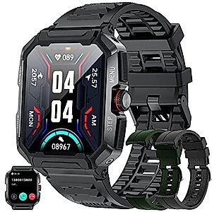 Military Smart Watches for Men, 5ATM Waterproof Rugged Grade Bluetooth Call(Answer/Dial Calls), Health Tracker for Android Phones and iPhone Compatible, 1.85" Heart Rate/Blood Pressure Watch (Black)