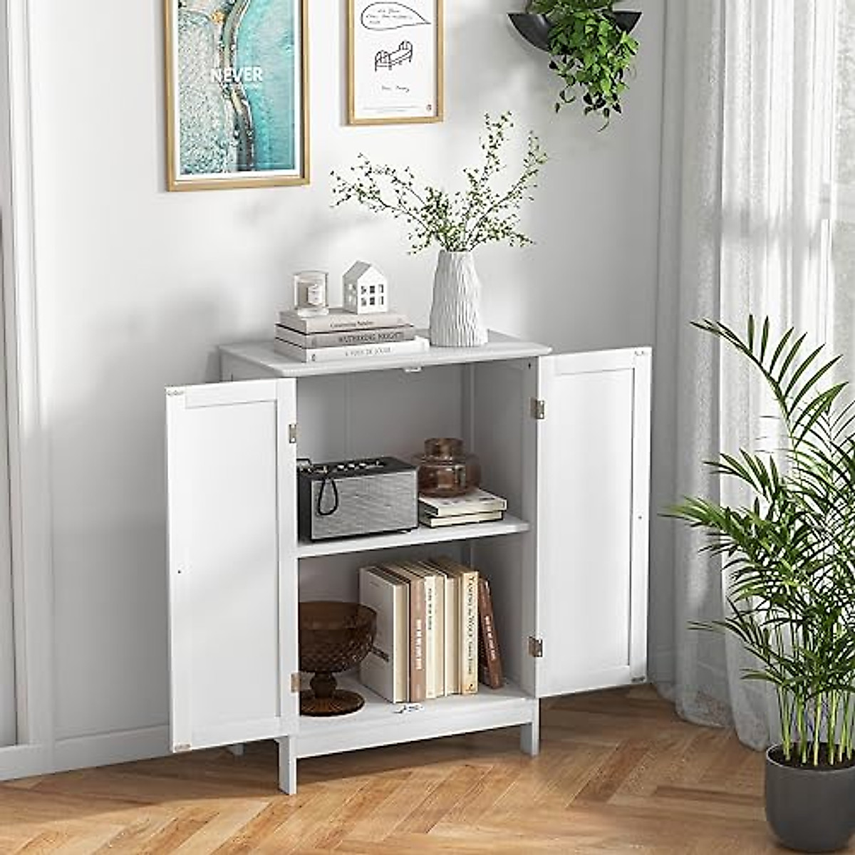 GLACER Bathroom Floor Cabinet, Wooden Freestanding Storage Cabinet with Double Doors, Suitable for Bathroom, Living Room, Bedroom, Entryway, 23.5 x 14 x 34 inches (White)