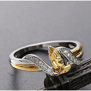 HUKQBUNX 18K Gold Diamond Prayer Hand Two Color Ring Prayer Gesture Palm Ring Cubic Zircon Universal Blessing Ring Size 6-10 (Size 7)