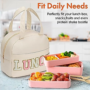 DIRGEE Lunch Bag for Women Insulated Lunch Bag For Men PU leather Small Lunch Bag for Office Work lunch Bag with Chenille Letters Leakproof Freezable Cooler Bag Reusable Portable Lunch Box (White)