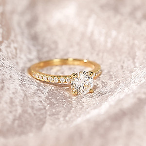 EAMTI 925 Sterling Silver 1.25 CT Yellow Gold Round Solitaire CZ Engagement Ring Halo Promise Wedding Ring Size 6