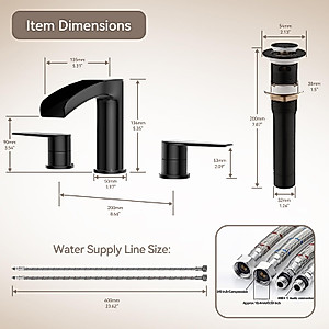Phiestina Matte Black Waterfall Bathroom Faucet, Widespread 3 Hole 8 Inch Modern Bathroom Faucet with Pop Up Drain and Water Supply Lines, NS-WF005-MB