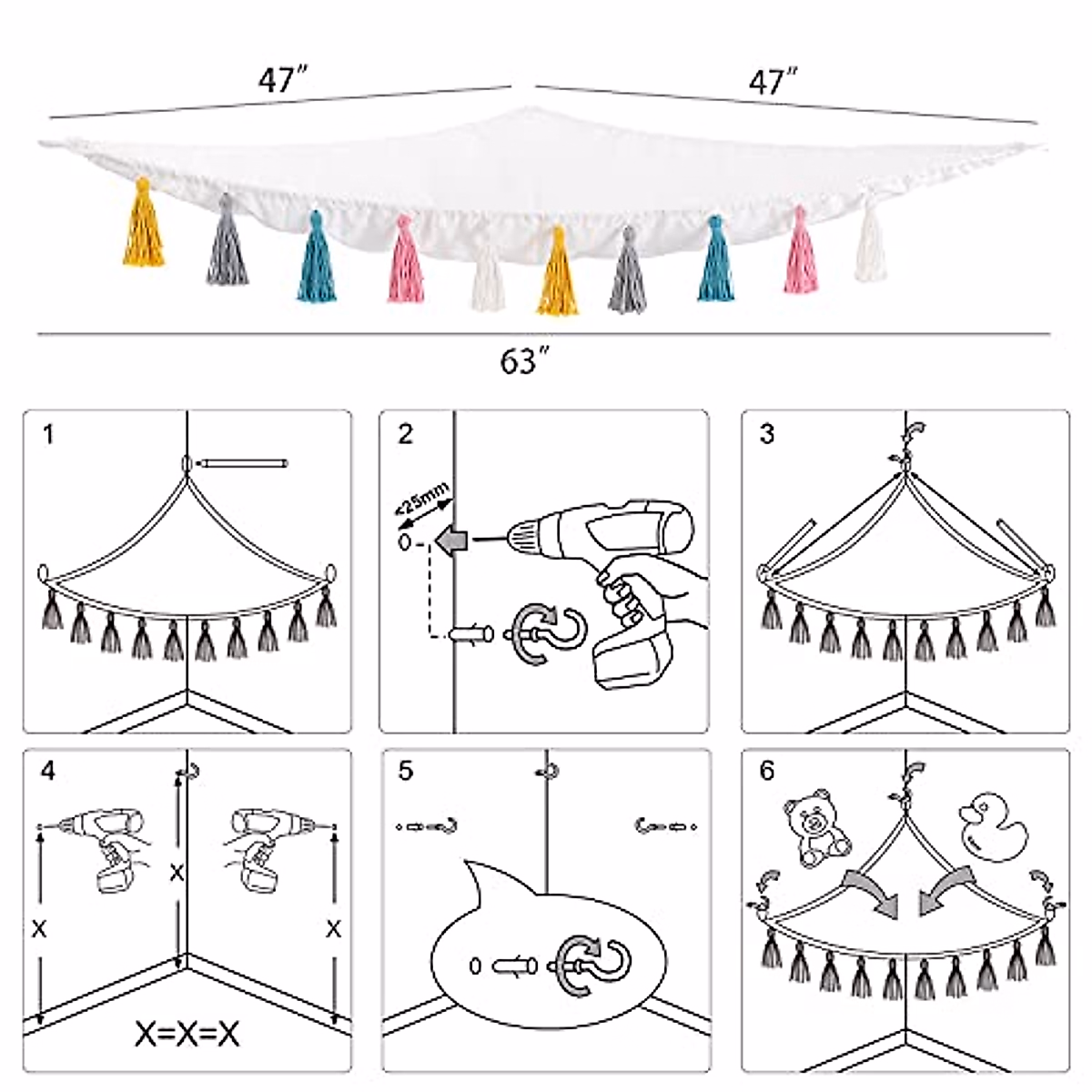 Mkono Macrame Stuffed Animal Hammock Boho Toy Storage Organizer with Lights Tassels and Stuffed Animal Toy Hammock Organizer with Colorful Tassels