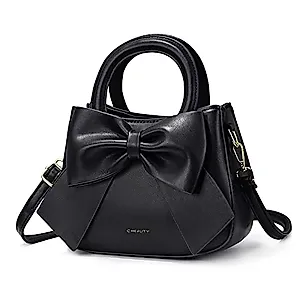CHERUTY Designer Leather Handbags and Purses for Women with Top Carry Handle and Cute Bow Knot, Small and Elegant Satchel bags and Over-Shoulder Strap(Black)