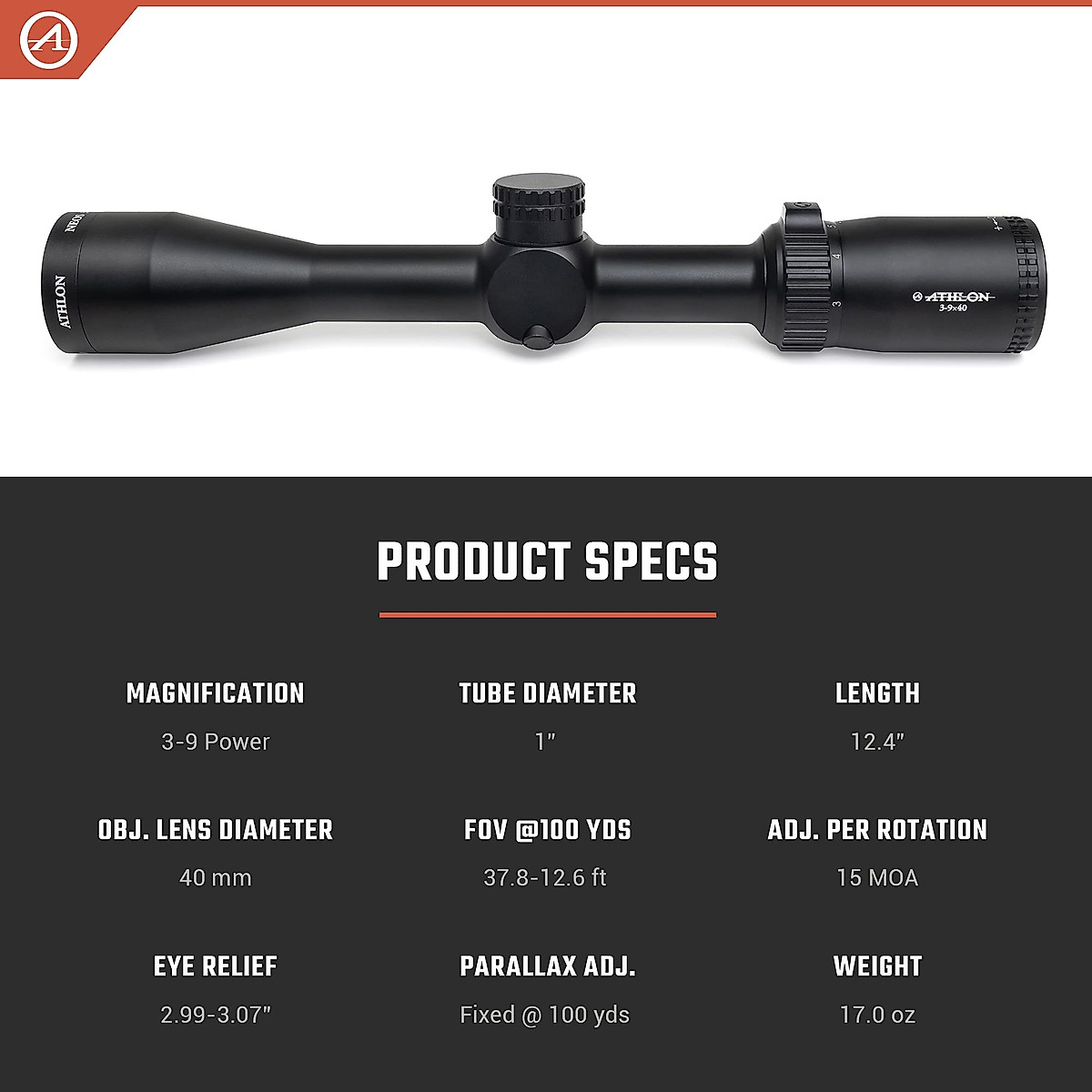 Athlon Optics , Neos , Riflescope , 3-9 x 40 Second Focal Plane (SFP) 1" Tube, BDC 22 RimFIre Reticle ,