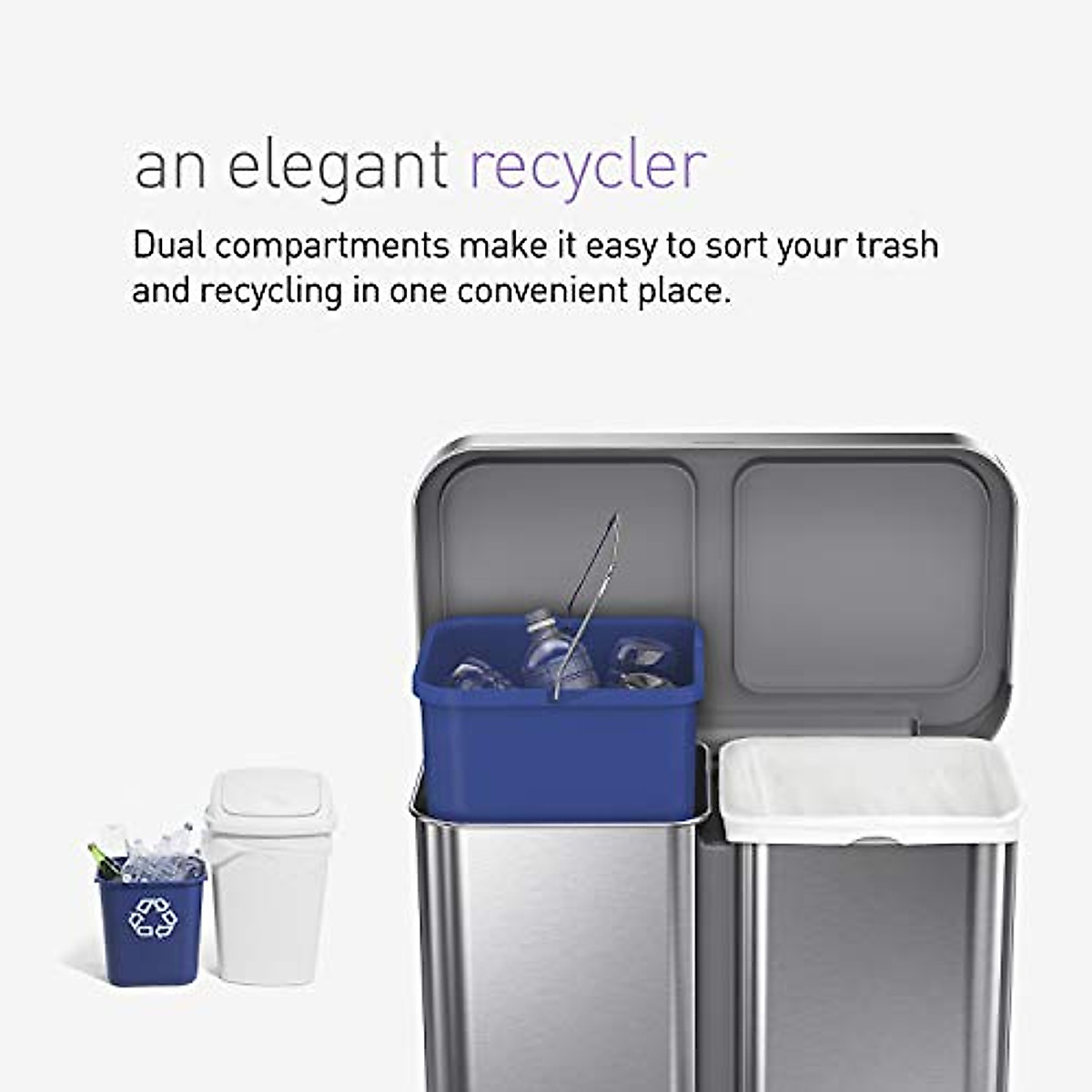 simplehuman 58 Liter / 15.3 Gallon Rectangular Hands-Free Dual Compartment Recycling Kitchen Step Trash Can, Black Stainless Steel