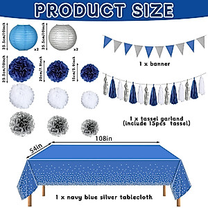 Navy Blue White Silver Graduation Party Decorations 30Pcs Birthday Blue White Banner Paper Lanterns Tissue Pom Poms Garland Streamers Dot Tablecloth for Boy Girl Baby Bridal Shower Wedding Supplies