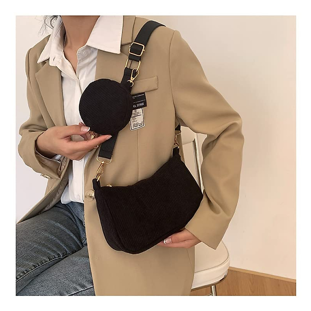 OANEXX Corduroy Crossbody Bag with Coin Purse for Women Multipurpose Corduroy Shoulder Phone Purse including 2 Size Bags (black)