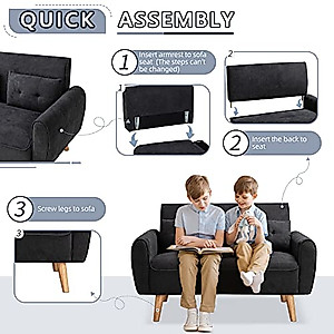 Shintenchi Small Modern Loveseat Couch Sofa, Mid Century Fabric Upholstered 2-Seat Sofa Couch Love Seats Furniture for Small Space,Living Room,Studio,Apartment with 2 Pillows,Black