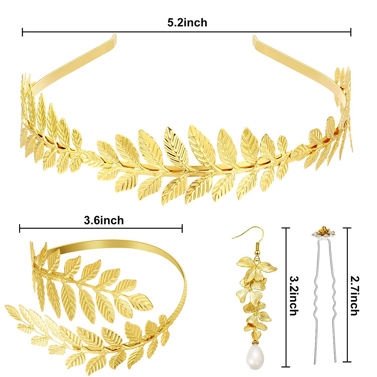 WILLBOND 15 Pieces Greek Goddess Costume Accessories Women Toga Golden Leaves Bridal Crown Headband Bracelet Pearl Earrings and Hair Pins (Classic Style)